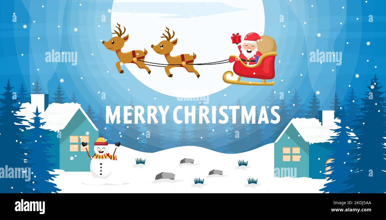 merry christmas banner with Santa claus riding on carriage flying deers ...