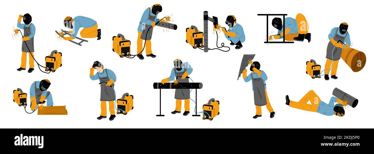 Welder at work, flat vector illustration set. Male characters in ...