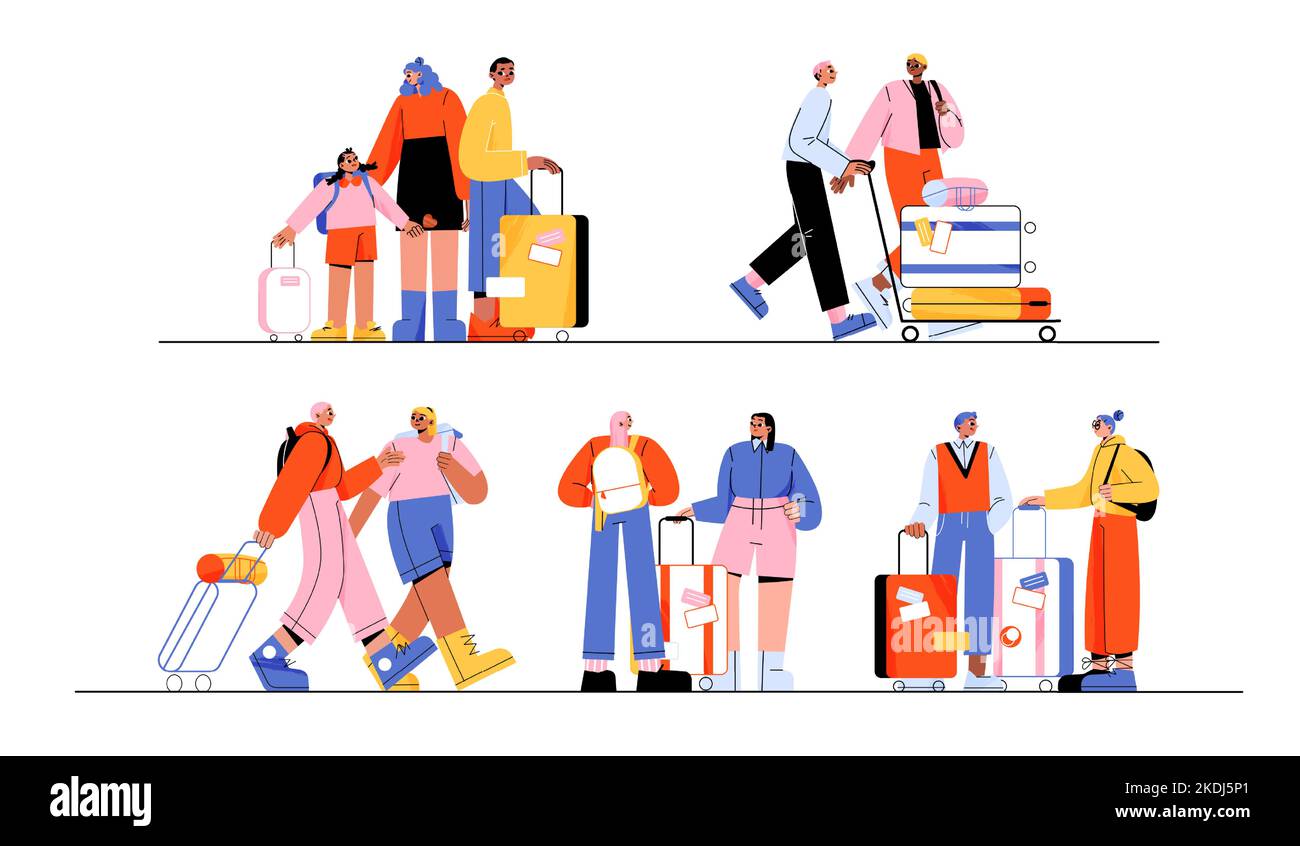People travel with suitcases and backpacks. Couples, friends and family ...
