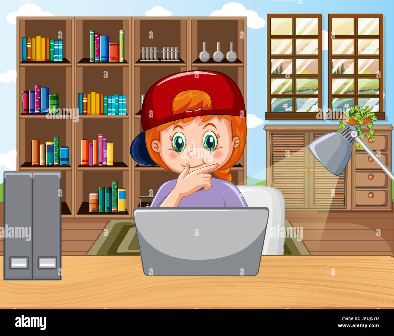 A girl studying online at home illustration Stock Vector Image & Art ...