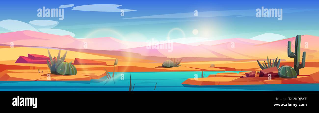 Hot desert landscape with oasis and sand dunes. Nature panorama of ...