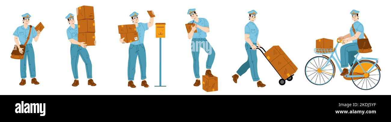 Postman, mailman character with bag and parcel boxes. Post and delivery ...