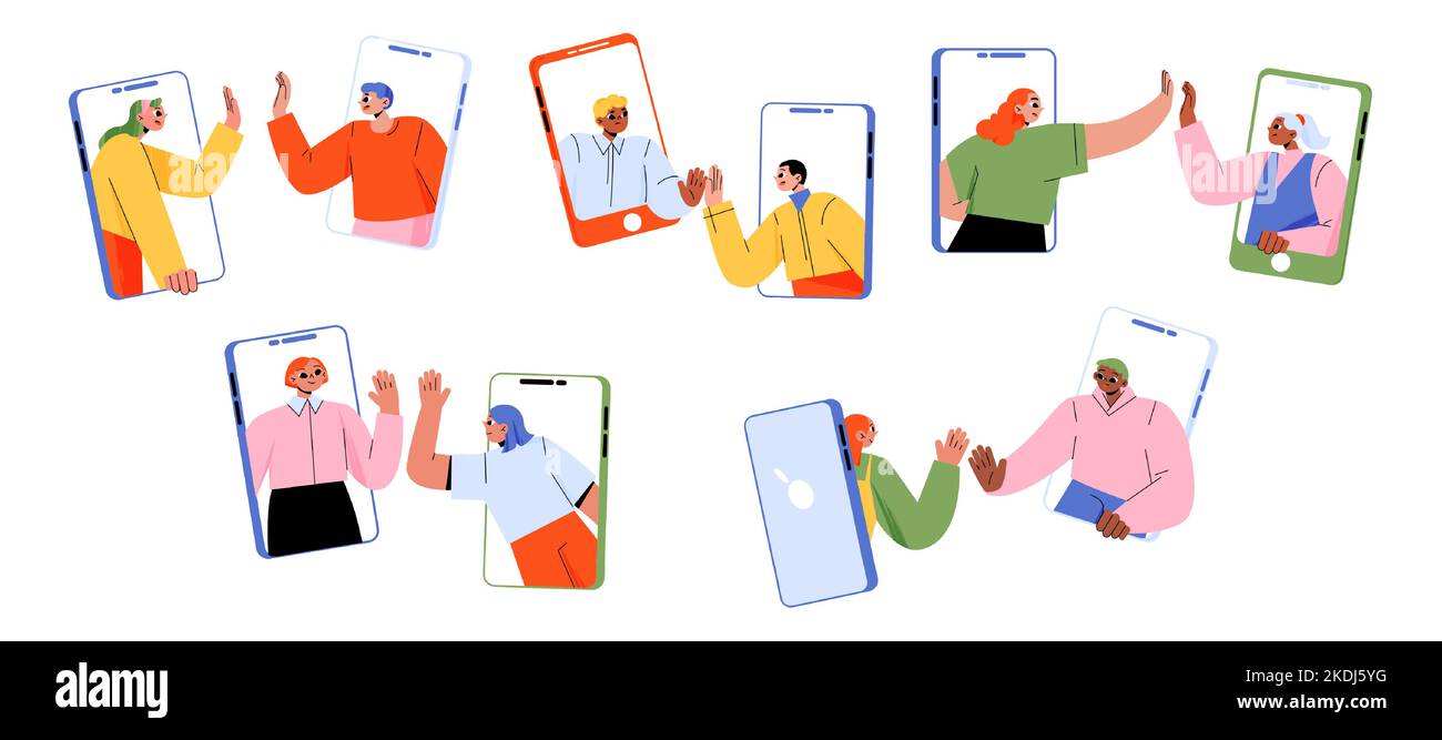 People on phones give high five. Video call or mobile chat conversation ...