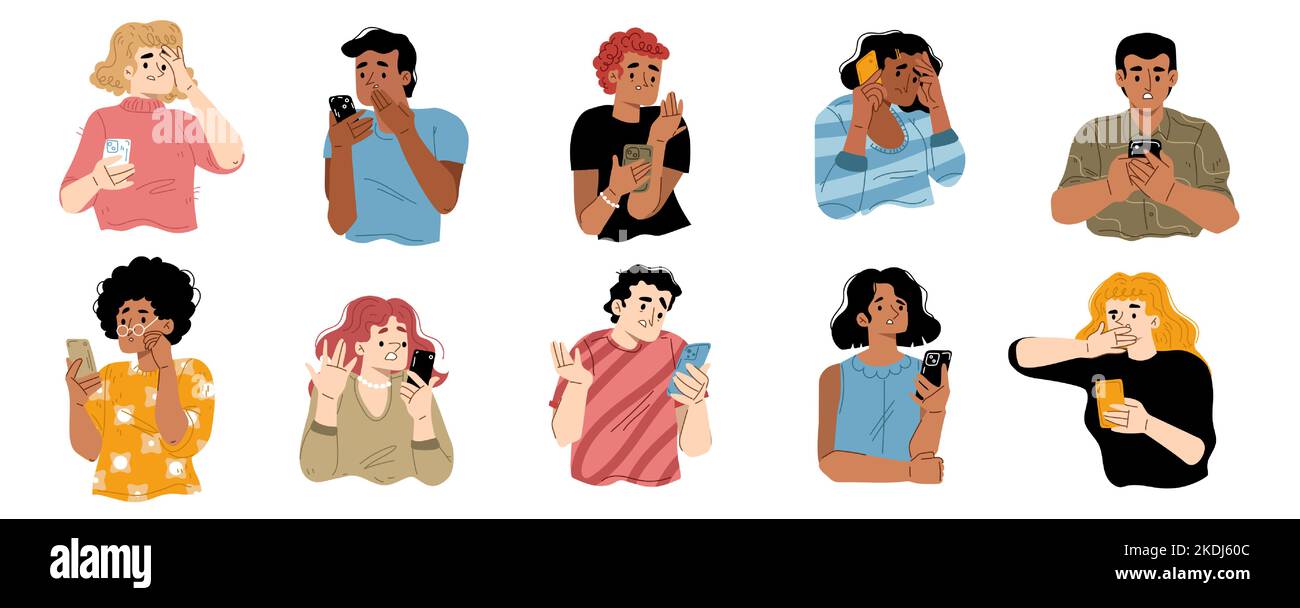 Bad news concept with unhappy people reading negative shocking messages on smartphone screen ...