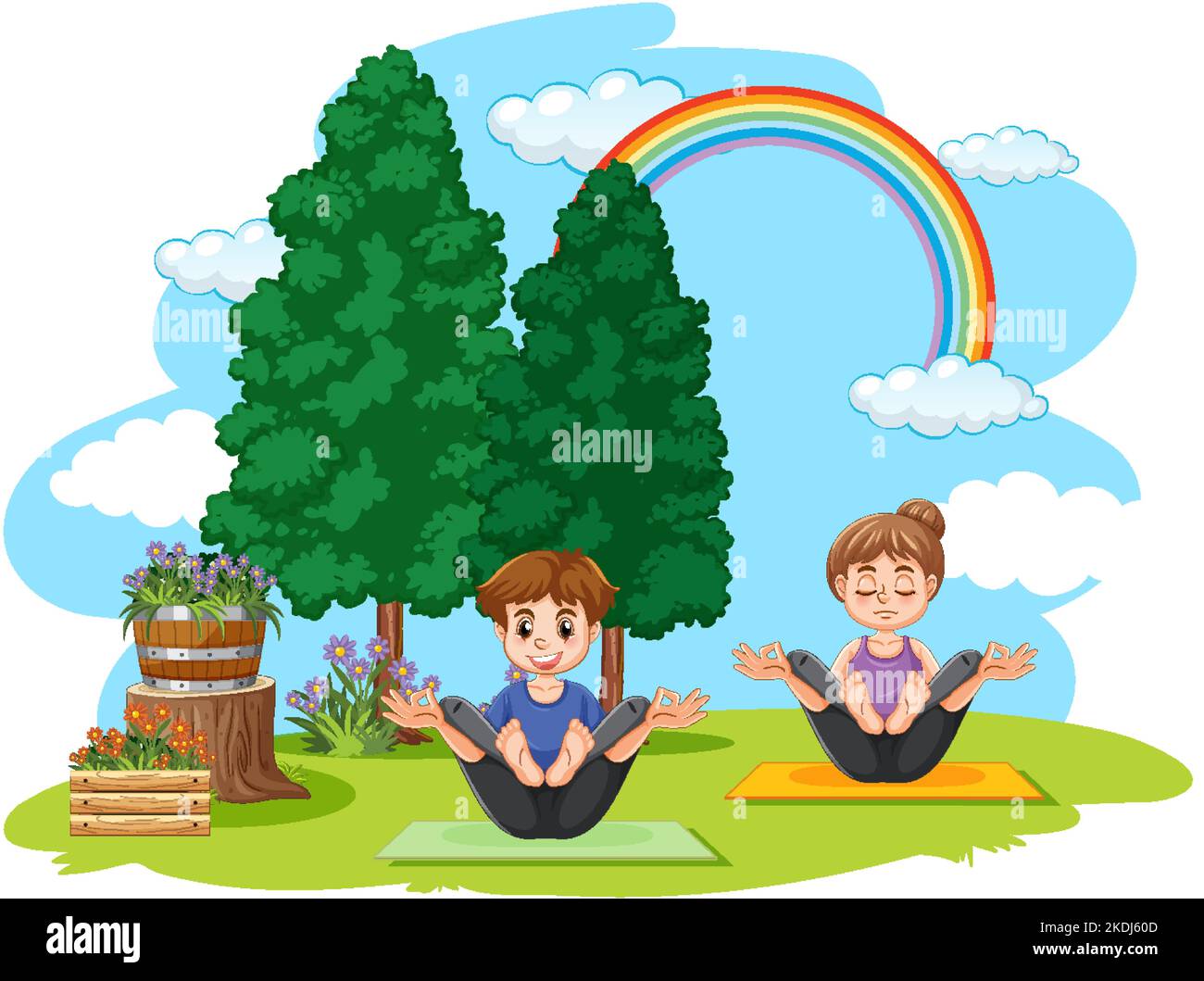 Couple practicing yoga at park illustration Stock Vector Image & Art ...