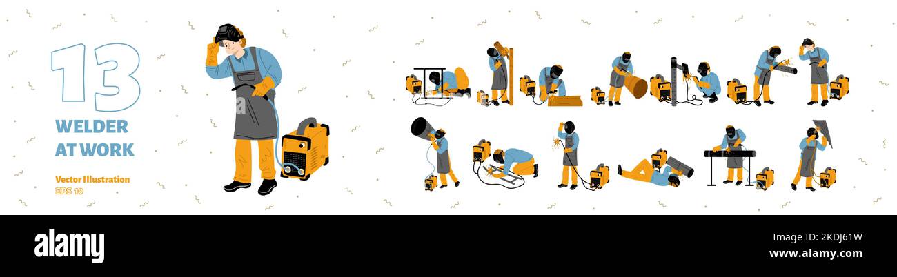 Welder at work scenes set. Construction worker repairs metal pipes in ...