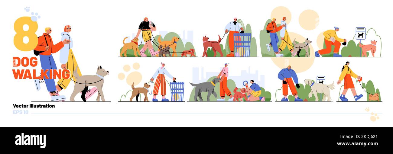 Set of people walking and cleaning up after dogs. Flat vector ...