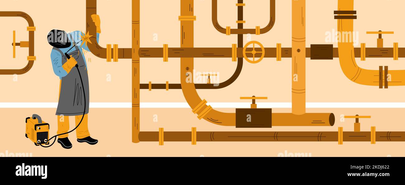 Welder worker welding pipeline with pipes and steel constructions ...