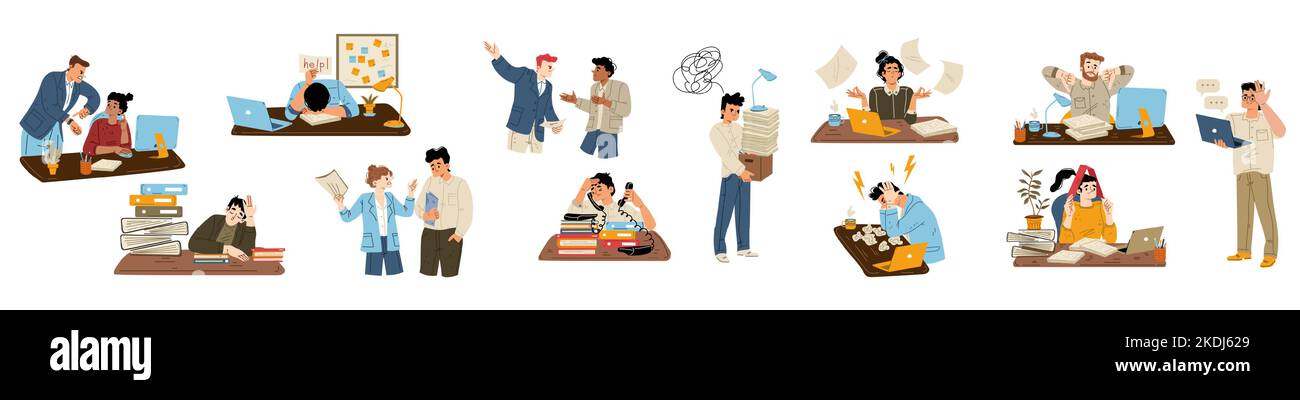 Set of annoyed people at work flat vector illustration on white. Scenes ...