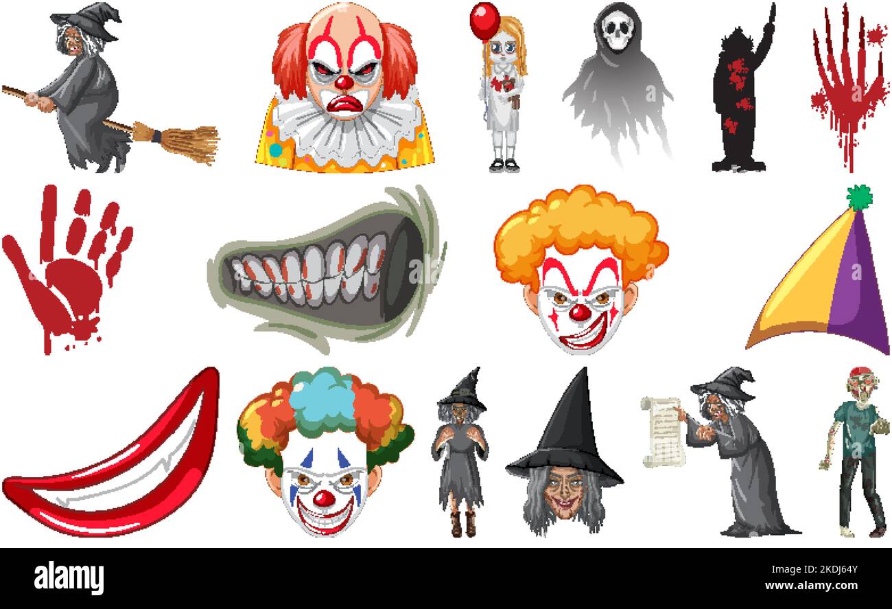 Set of horror halloween objects and cartoon characters illustration ...