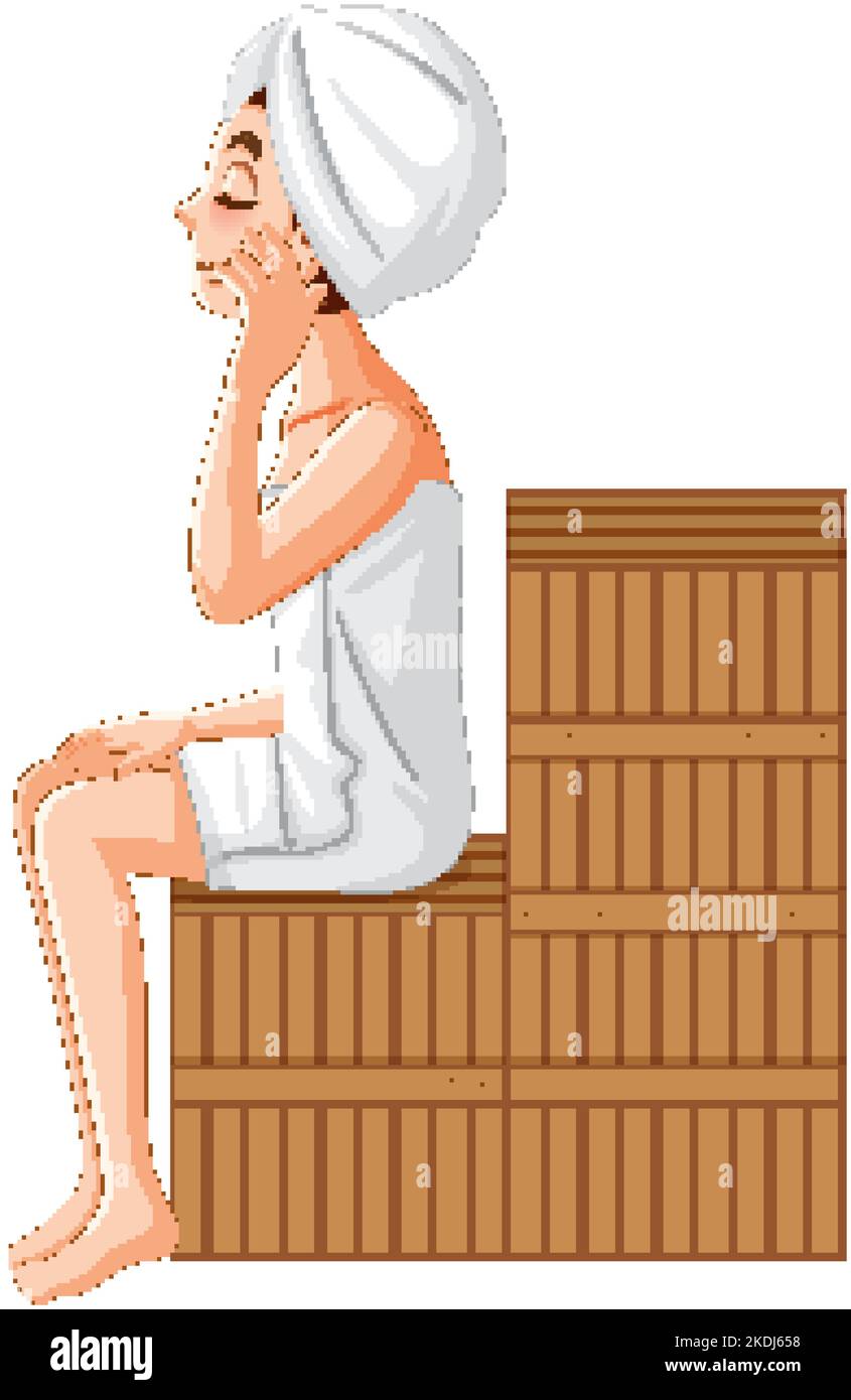 A woman sitting on wooden bench at sauna illustration Stock Vector ...