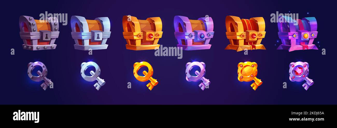 Game reward rare treasure chests and keys evolution, wooden, iron ...
