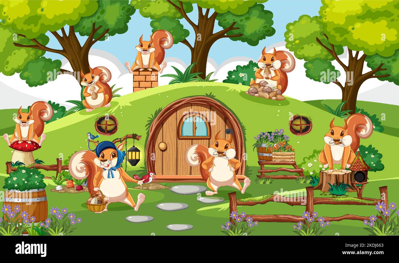 Squirrel family with hobbit house illustration Stock Vector Image & Art ...
