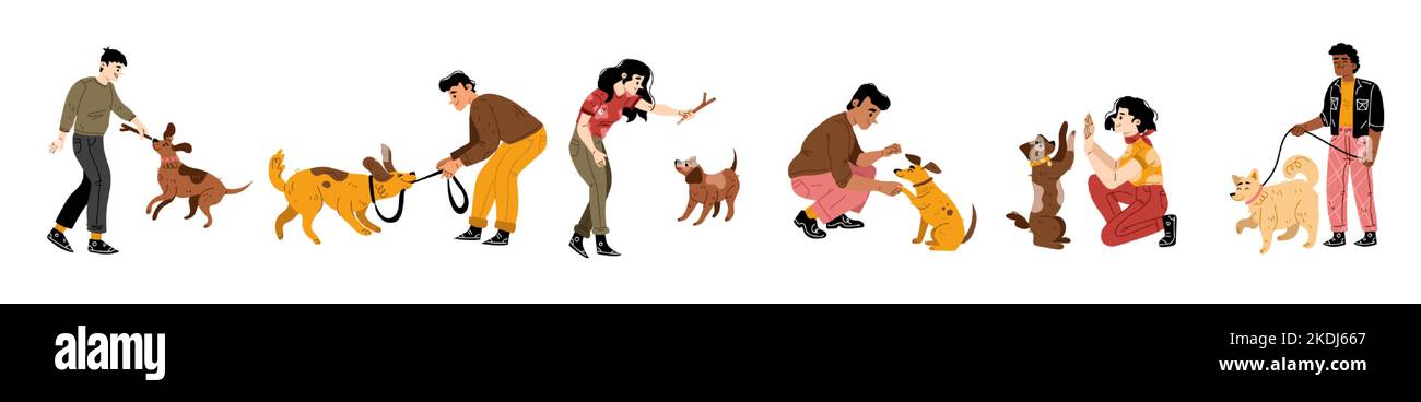 Happy people playing with dogs and smiling, flat vector illustration ...