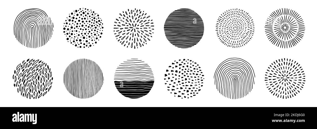 Scribble texture pattern circle set. Hand drawn line texture, doodle ...