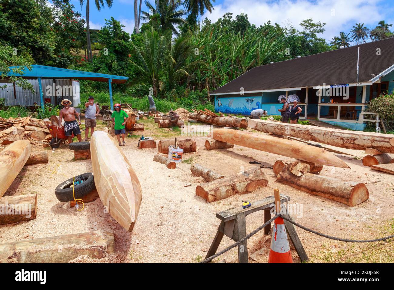 Partially completed wooden vaka (ceremonial canoes) at a workshop on ...