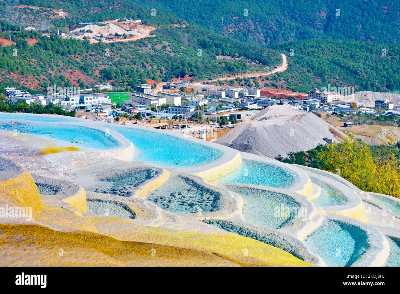 Aerial photos show the mineral terraces of Baishuitai in Baidi Village ...