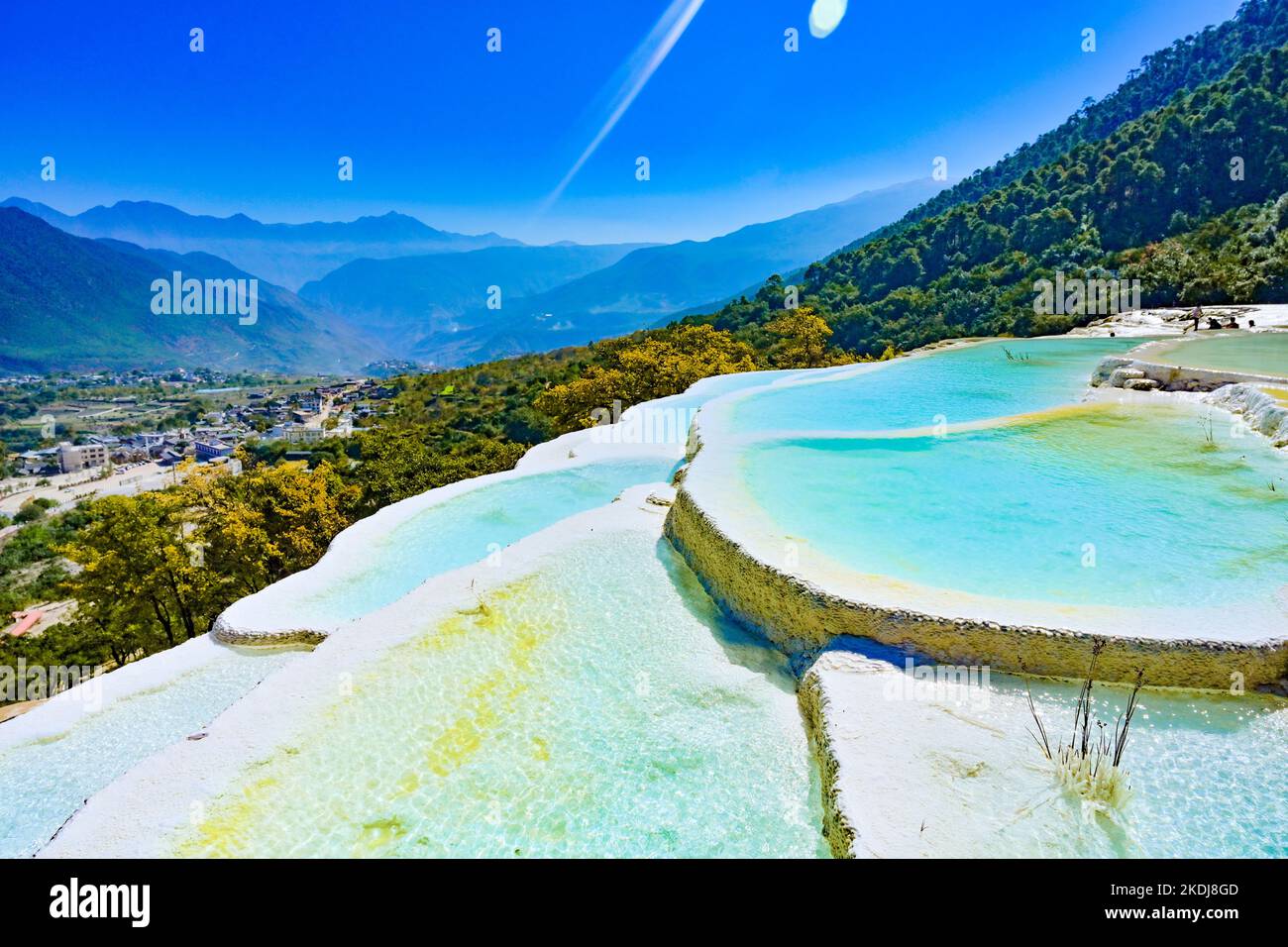 Aerial photos show the mineral terraces of Baishuitai in Baidi Village ...