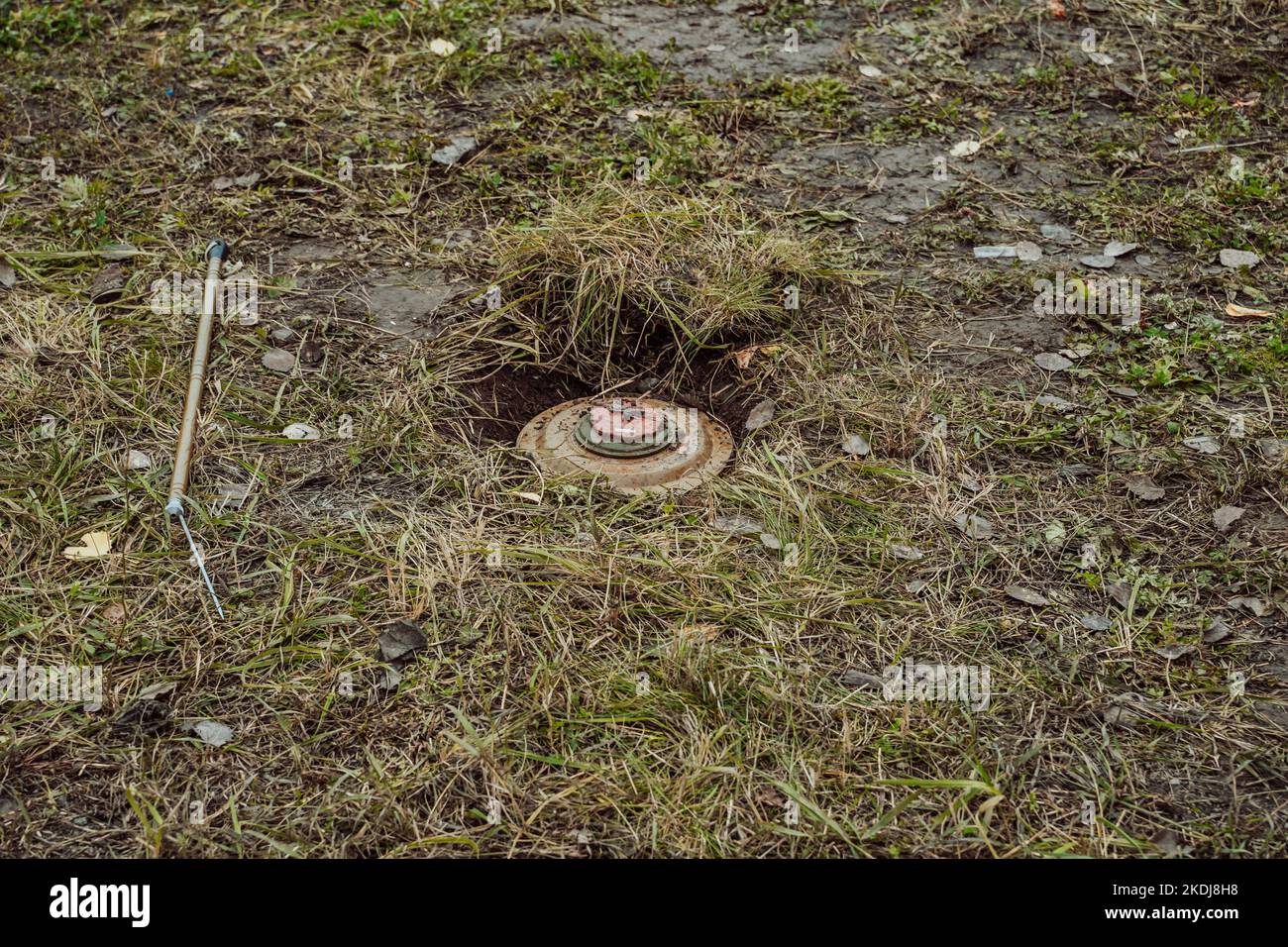 Kazan, Russia.2022, September 29. Anti-personnel mine in the field. The ...