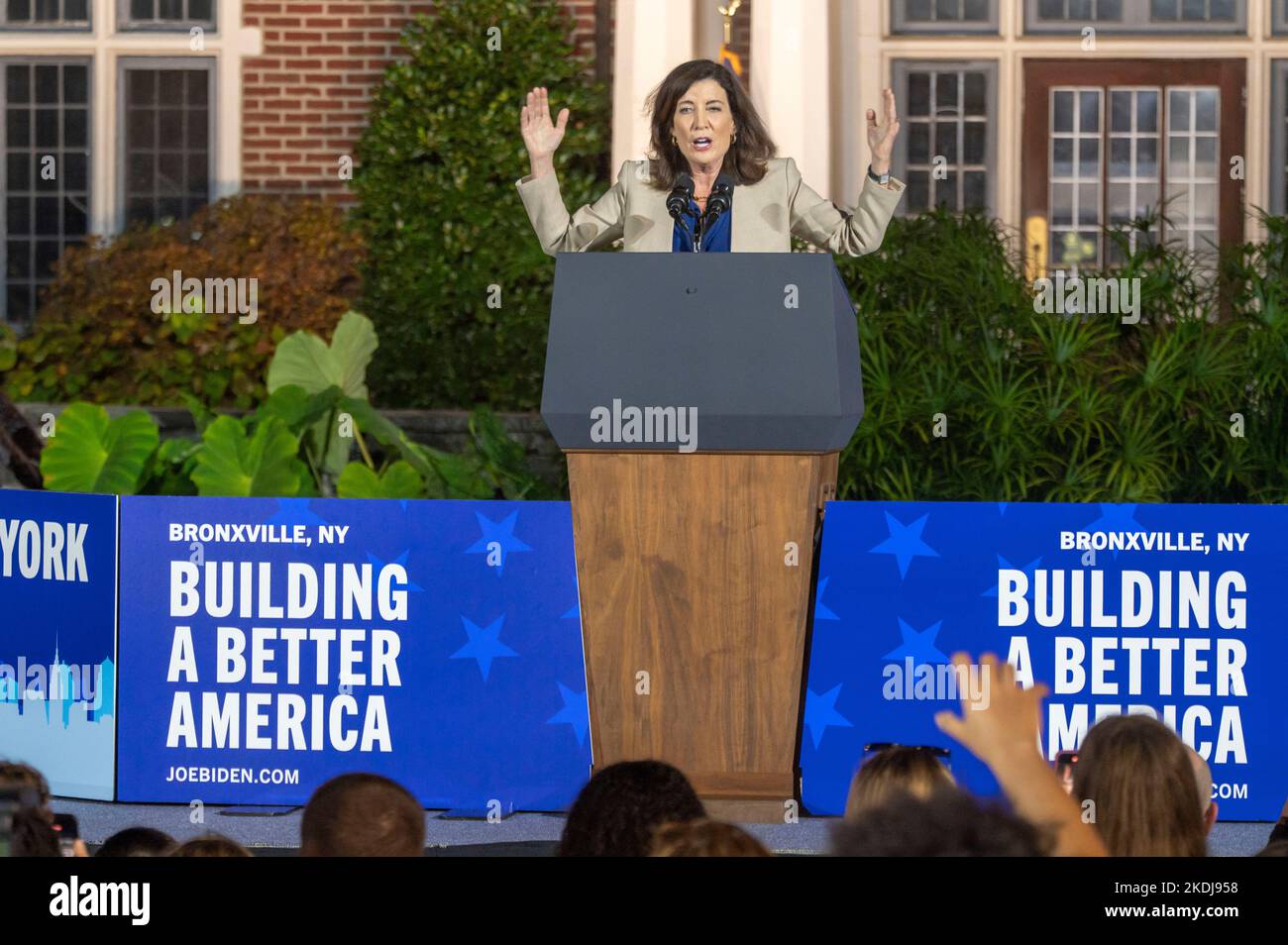 YONKERS, NEW YORK - NOVEMBER 06: New York Governor Kathy Hochul speaks ...