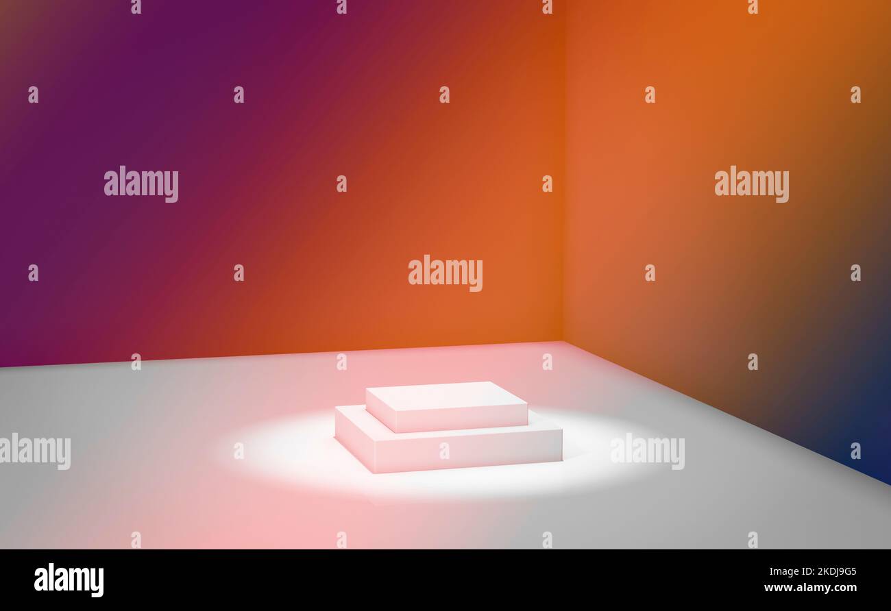 Rectangular podium in empty studio with multicolored lighting ...