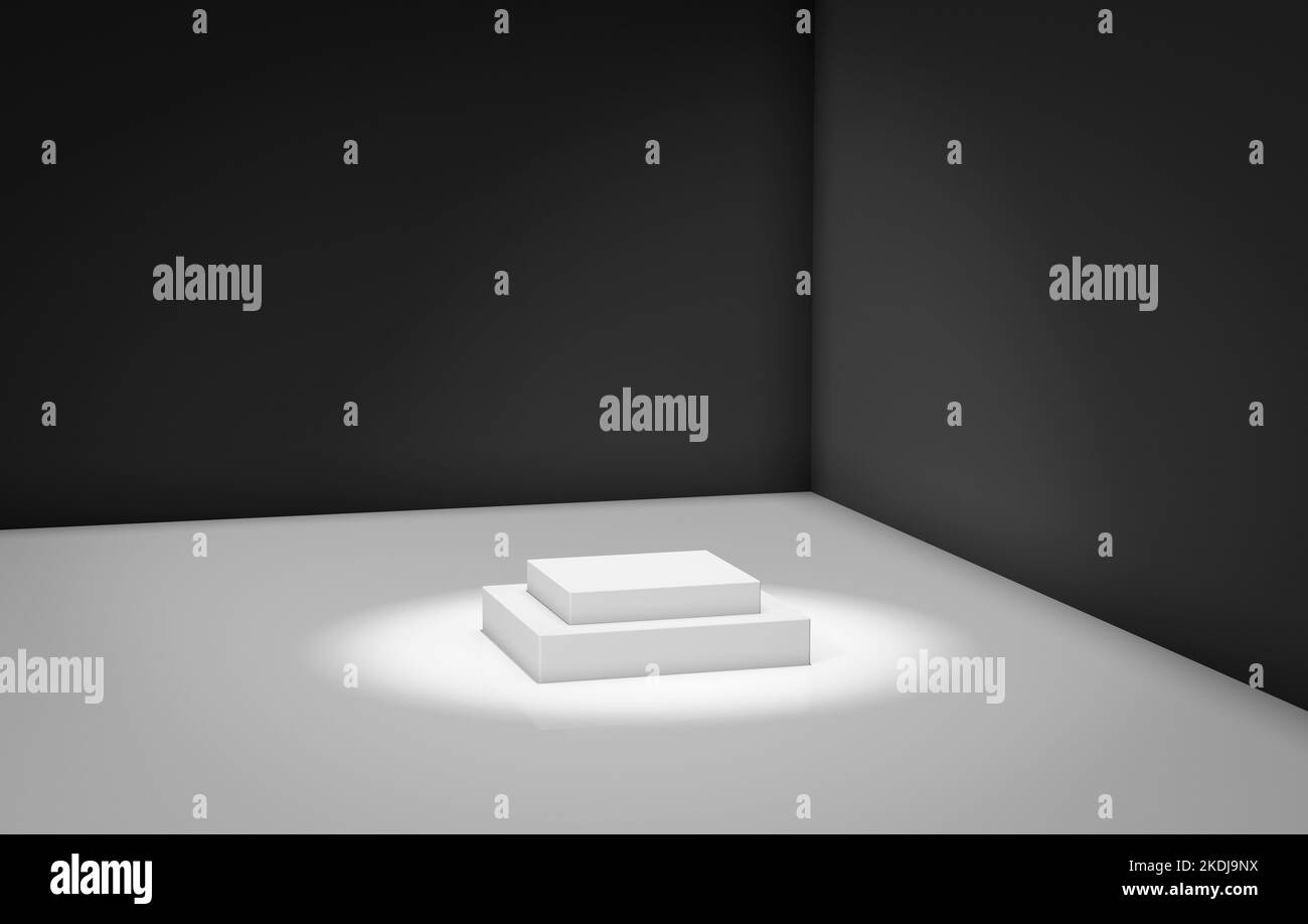 Empty white rectangular podium in studio with black walls. 3D ...