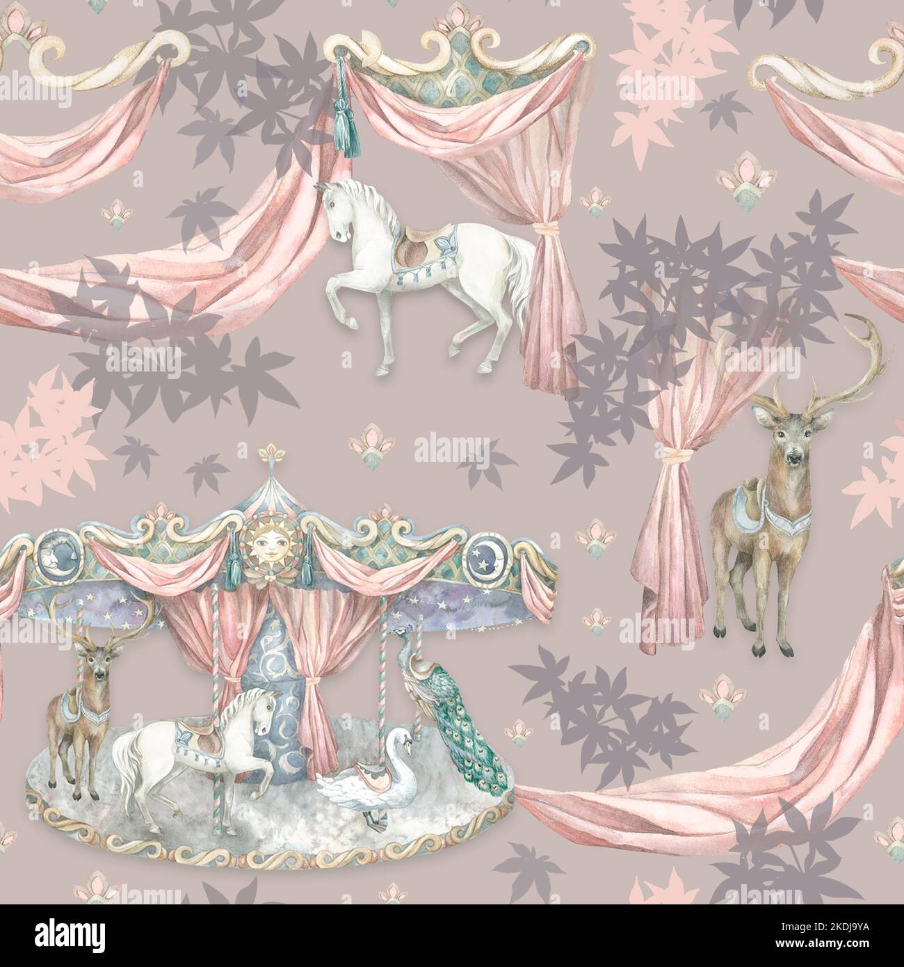 Animal carousel. Pattern Painted by hand in watercolor. Used in modern ...