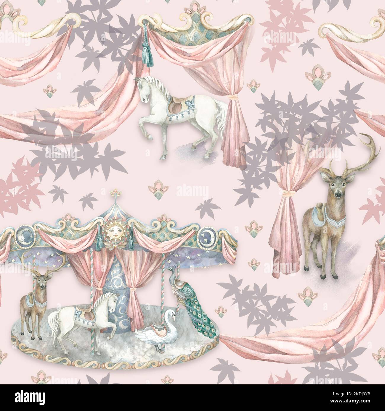 Animal carousel, pink. Pattern Painted by hand in watercolor. Used in ...