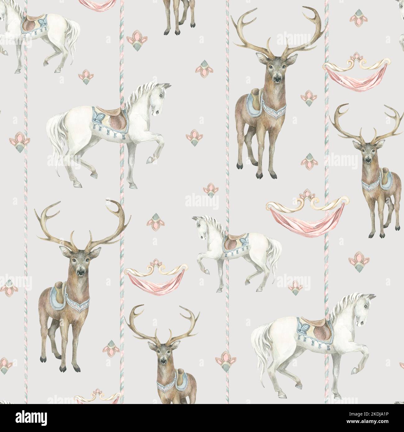 Horses and deer. Stripes, grey. Pattern Painted by hand in watercolor ...