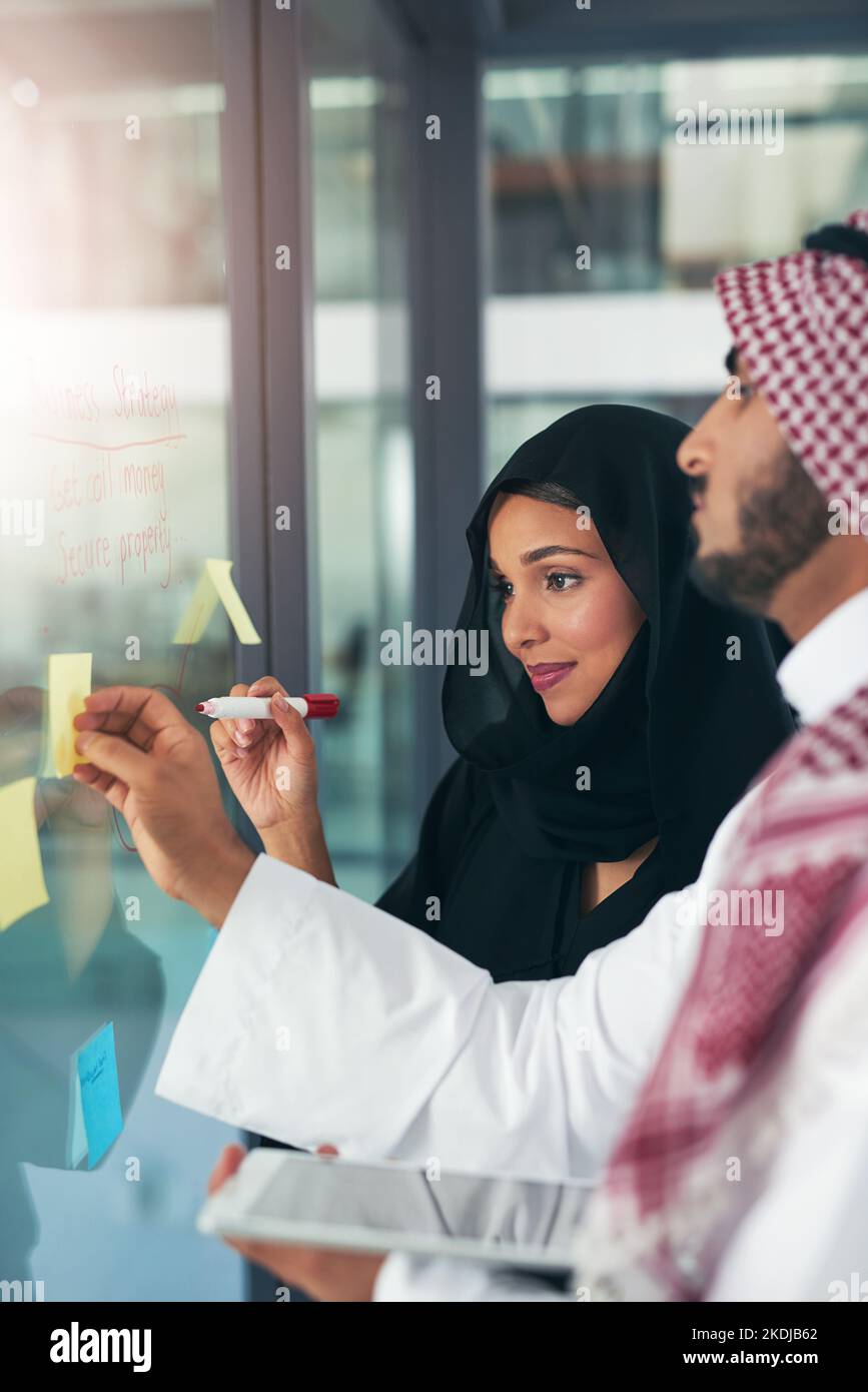 Every idea counts. two muslim colleagues having a brainstorming session ...