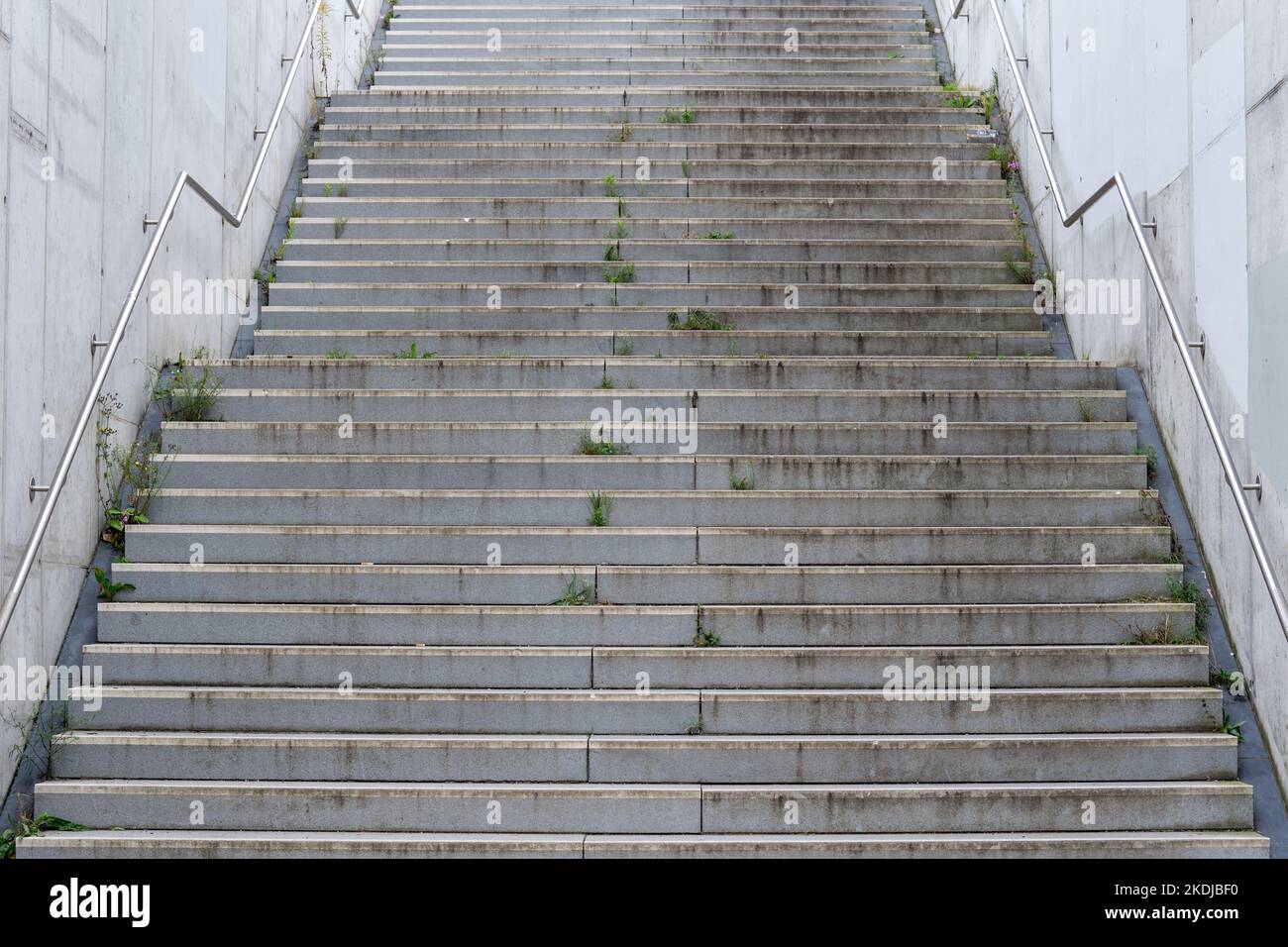 dirty stairs with some green plants surrounded by two walls and ...
