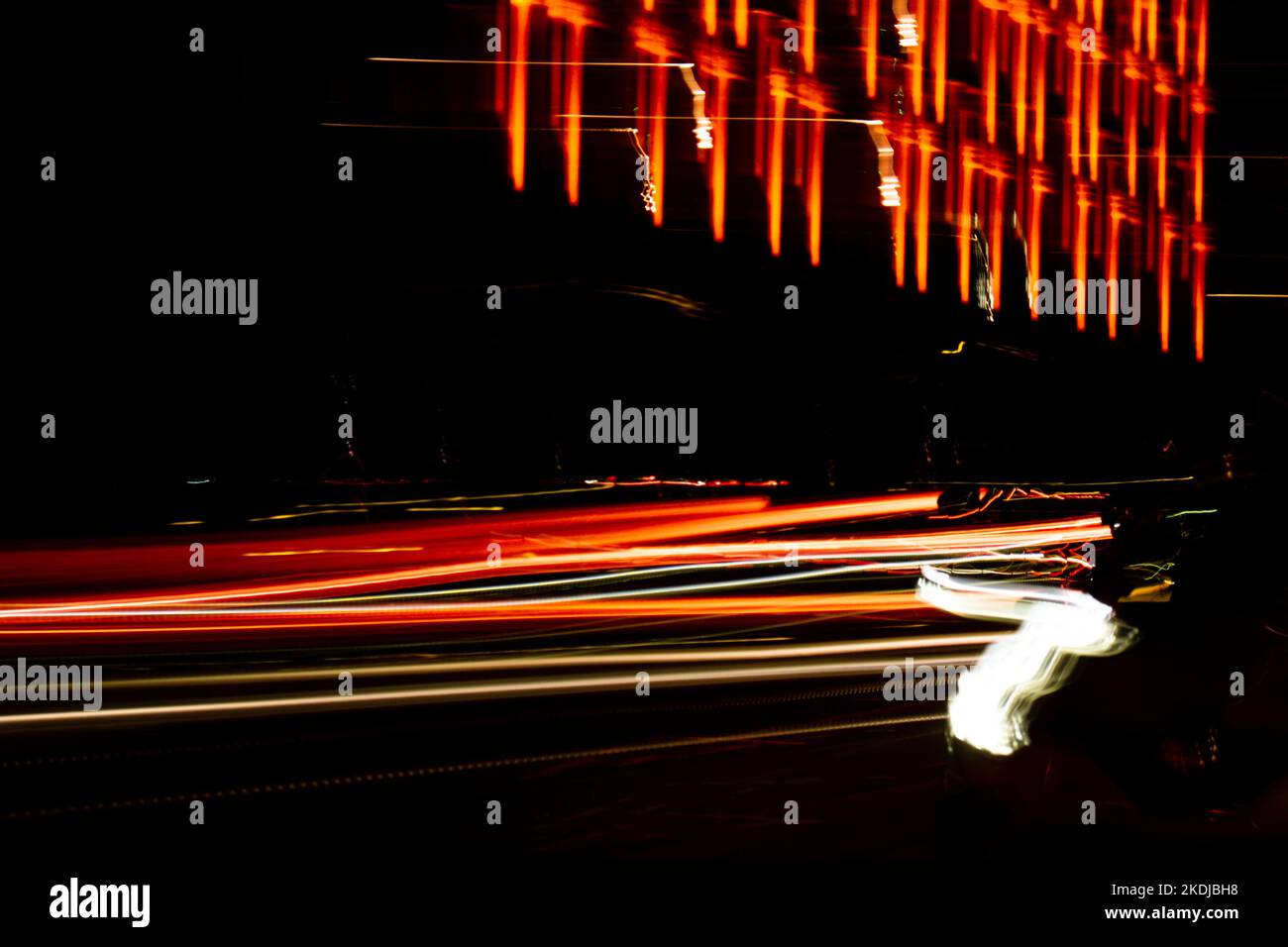 Lights of cars at night. Street line lights. Night highway city. Long ...