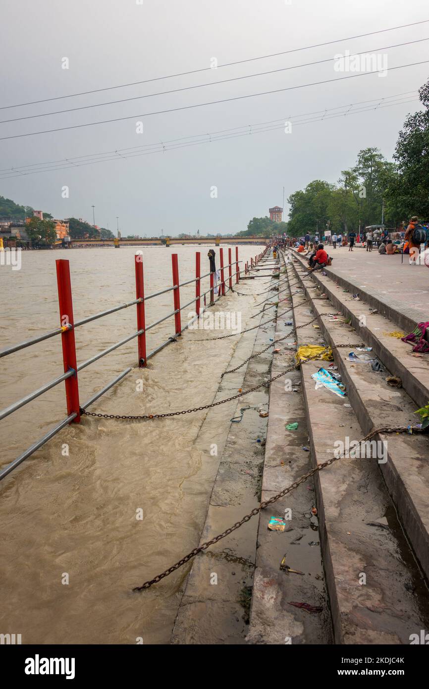 July 8th 2022 Haridwar India. Chains and Iron barricading at the ghats ...