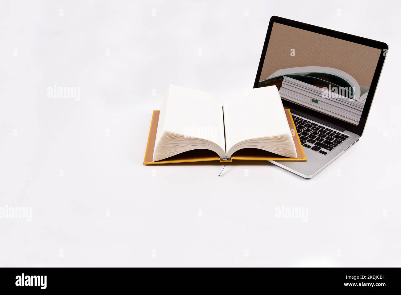 Laptop and book isolated on white background. communication network ...