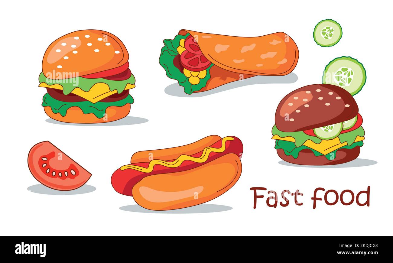 Set of fast food. Vegetarian burger, American burger, Shawarma ...