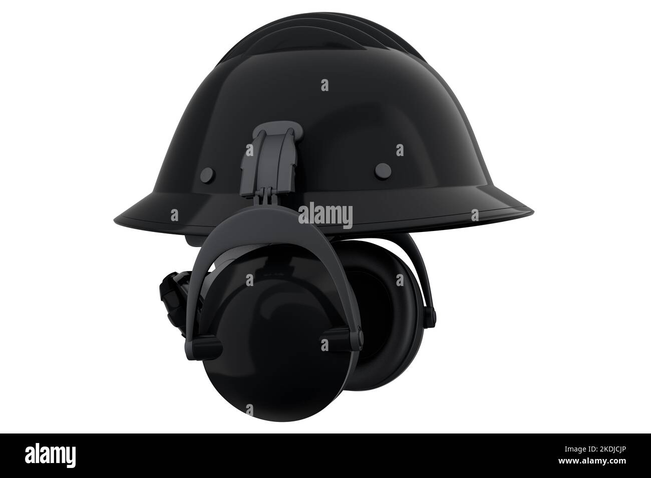 Black safety helmet or hard cap and earphones muffs isolated on white ...
