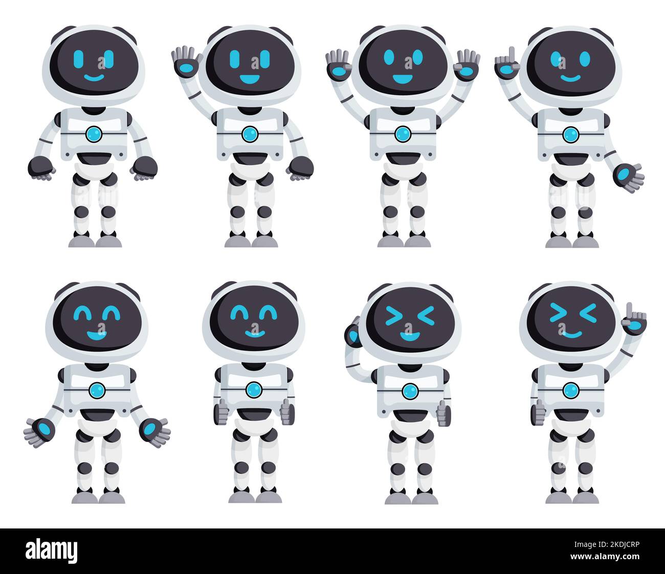 Robotic character vector set design. Robot ai characters isolated in white background with happy ...