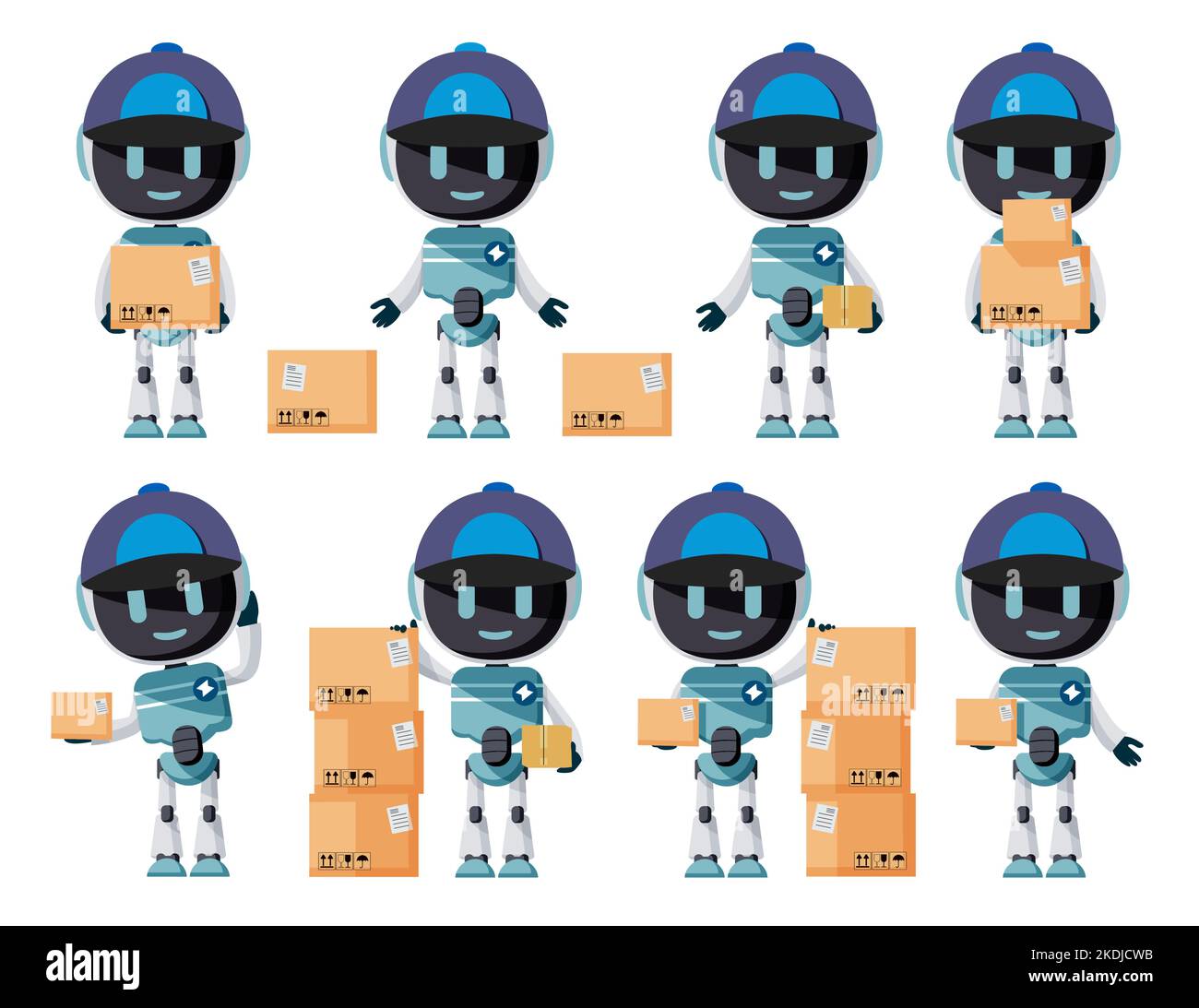 Robot Delivery Vector Set Design Robotic Characters With Helmet And Boxes Courier Elements For