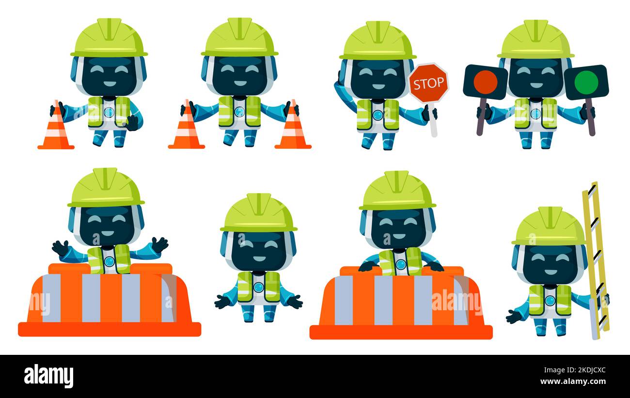 Police Robots Character Vector Set Design Robot Traffic Enforcer With Helmet And Boxes In