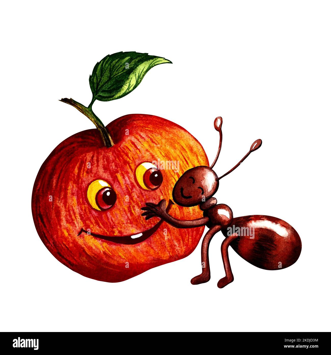 Ant and apple in watercolor. for children's illustrations of alphabets ...