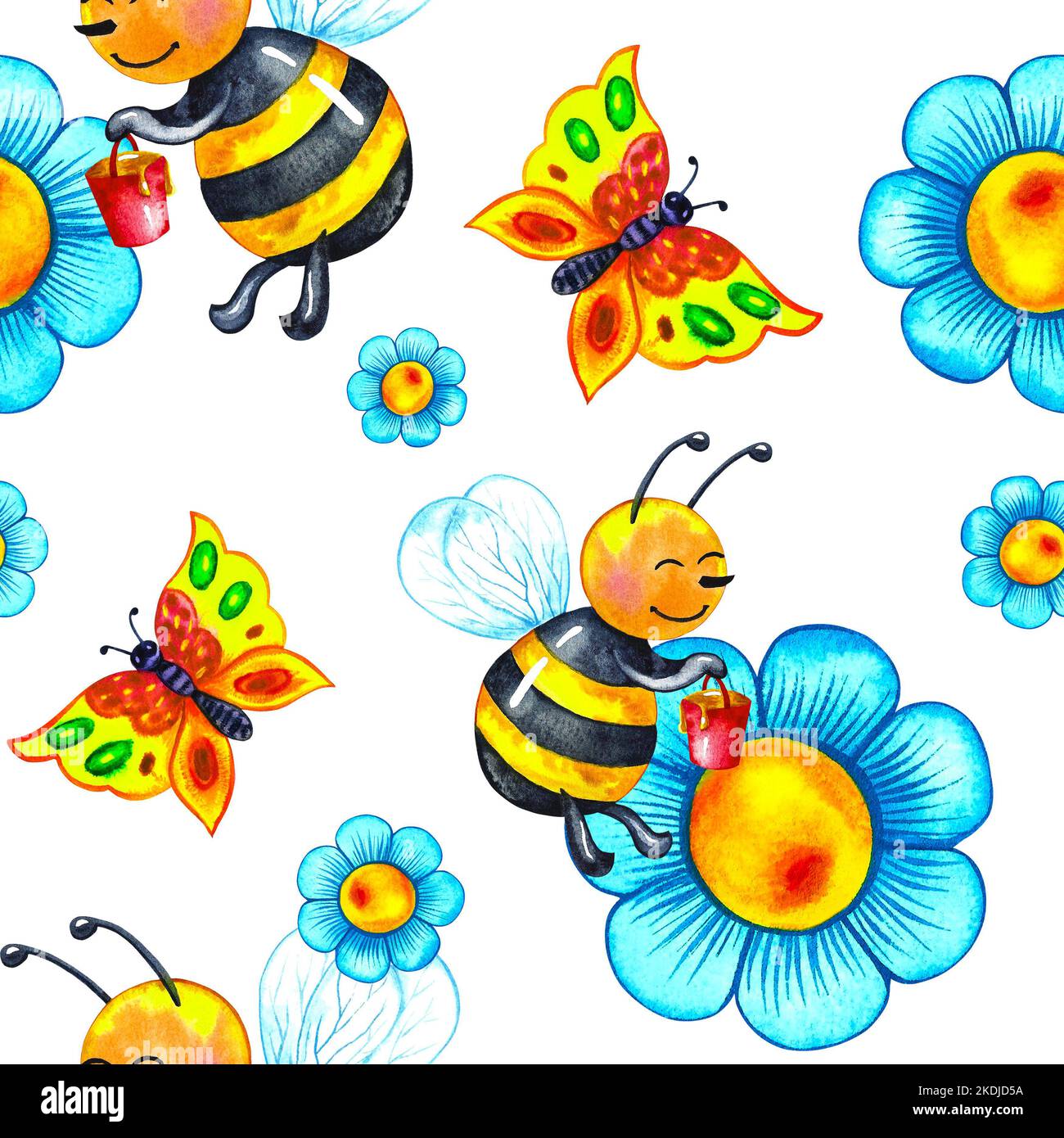 Chamomile flower seamless pattern, cartoon flying bees and butterflies ...