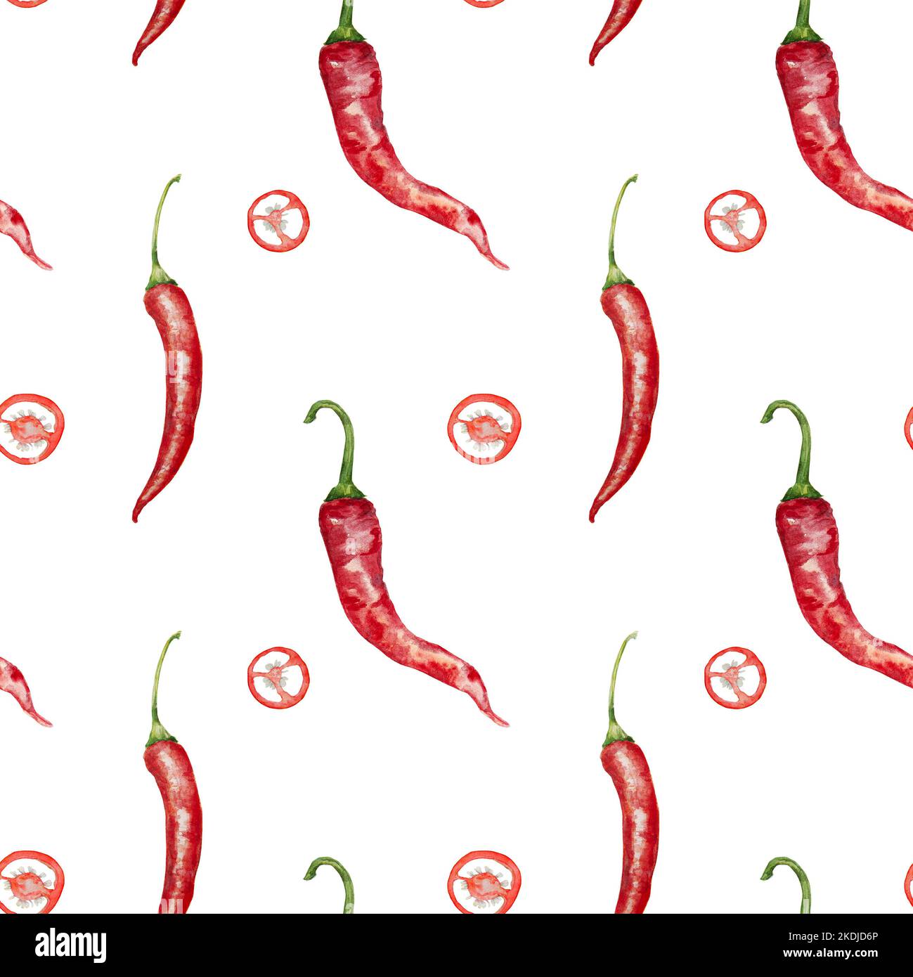 Watercolor hand drawn pattern of pepper and green parsley leaves on a ...