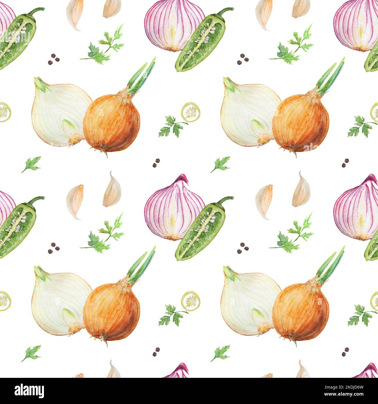 Watercolor hand drawn pattern of onion, pepper and green parsley leaves ...