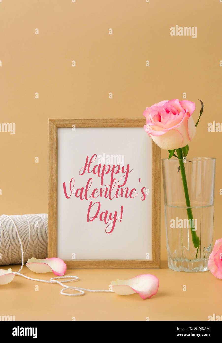 Mockup Wooden frame with text HAPPY VALENTINES DAY on delicate pink ...