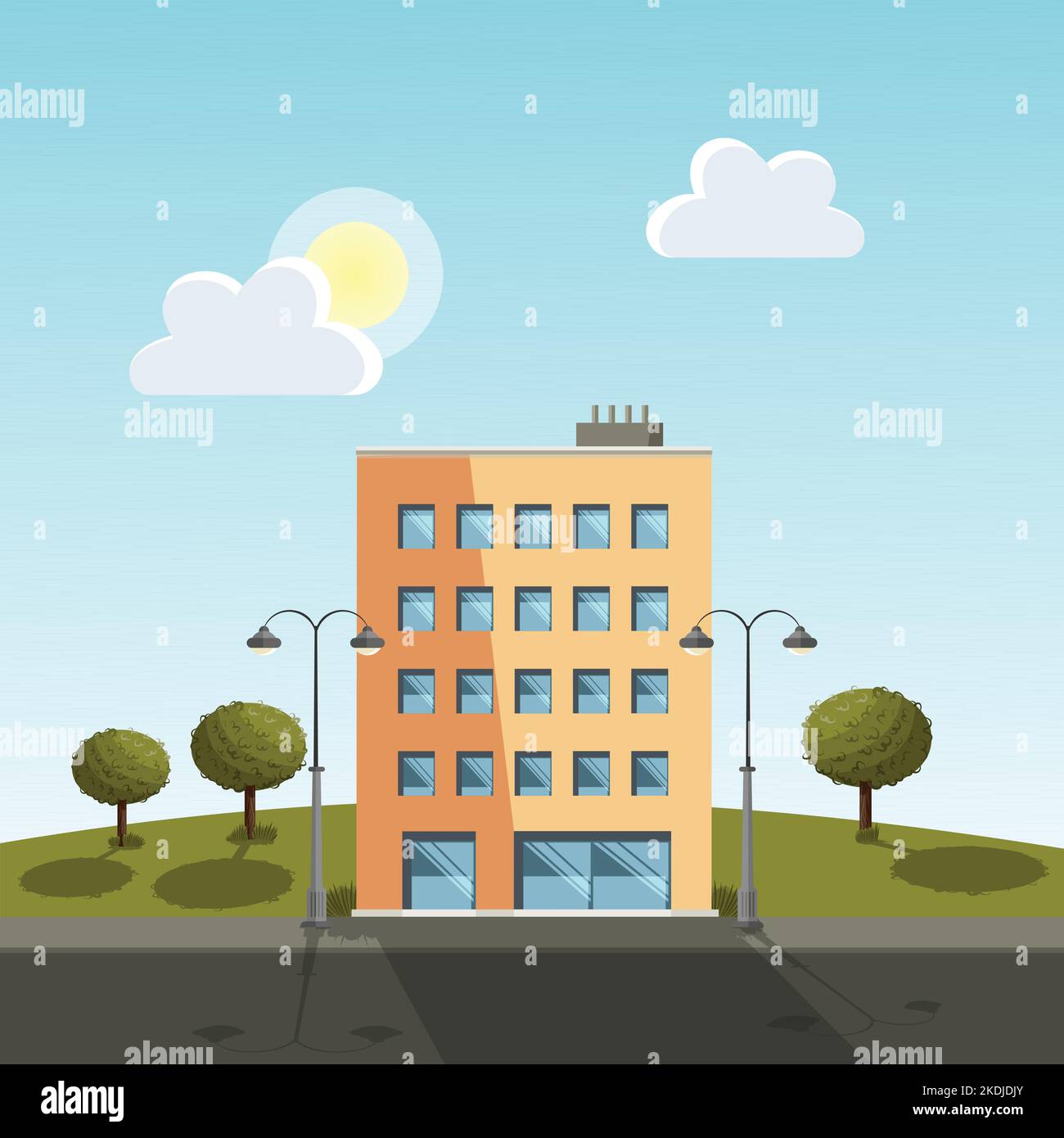 Apartment building at sunny day. Urban landscape. Vector illustration ...