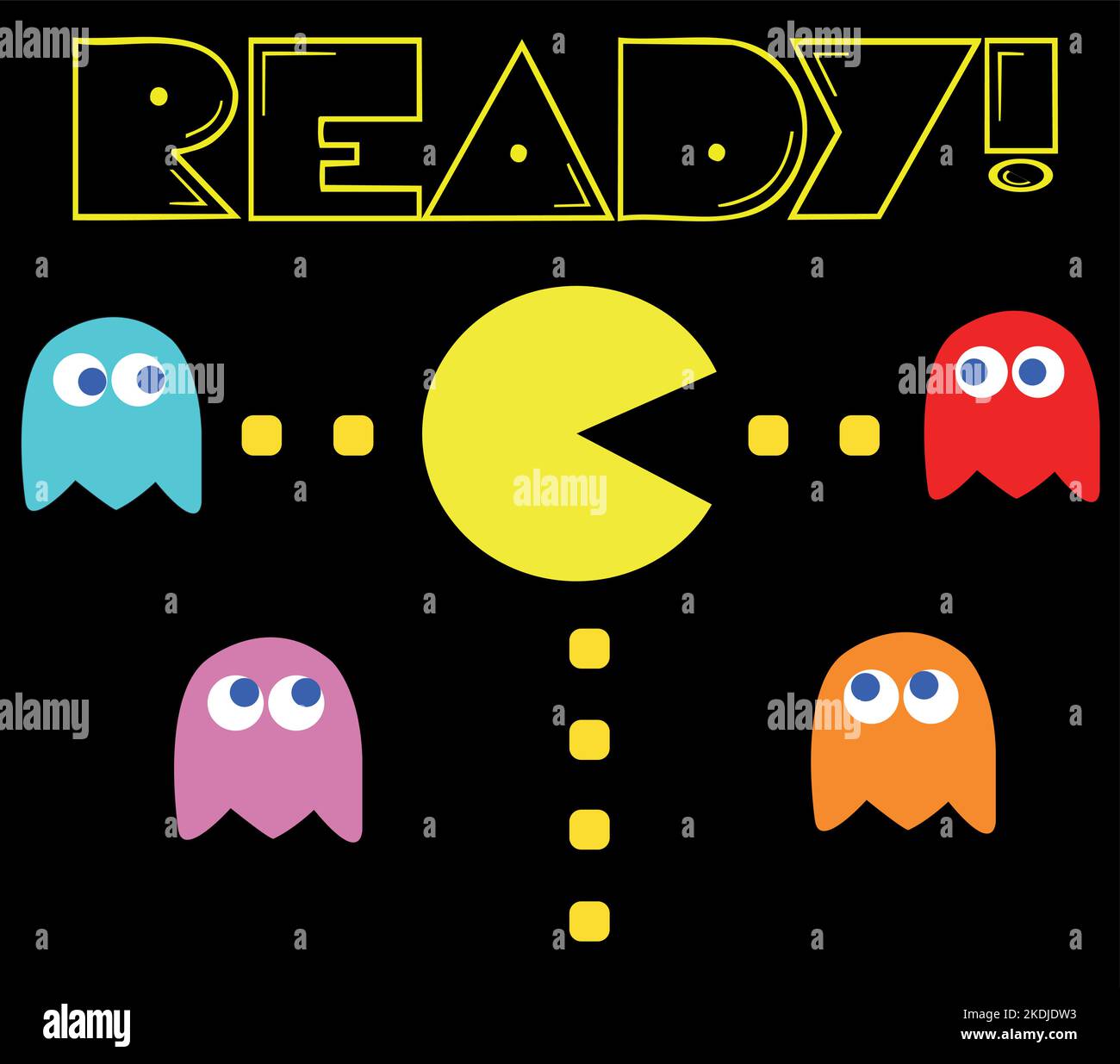 Pac Man With His Enemies Vintage Game Theme Vector Illustration Retro Computer Game With Pac