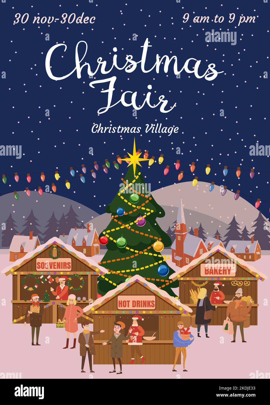 Christmas Fair poster. Xmas fair card with decorated Christmas tree ...