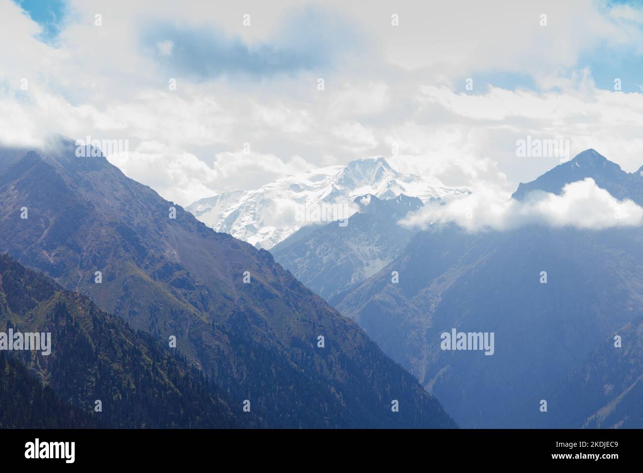 Mountain summer landscape. Snowy mountains and green grass. Peak ...