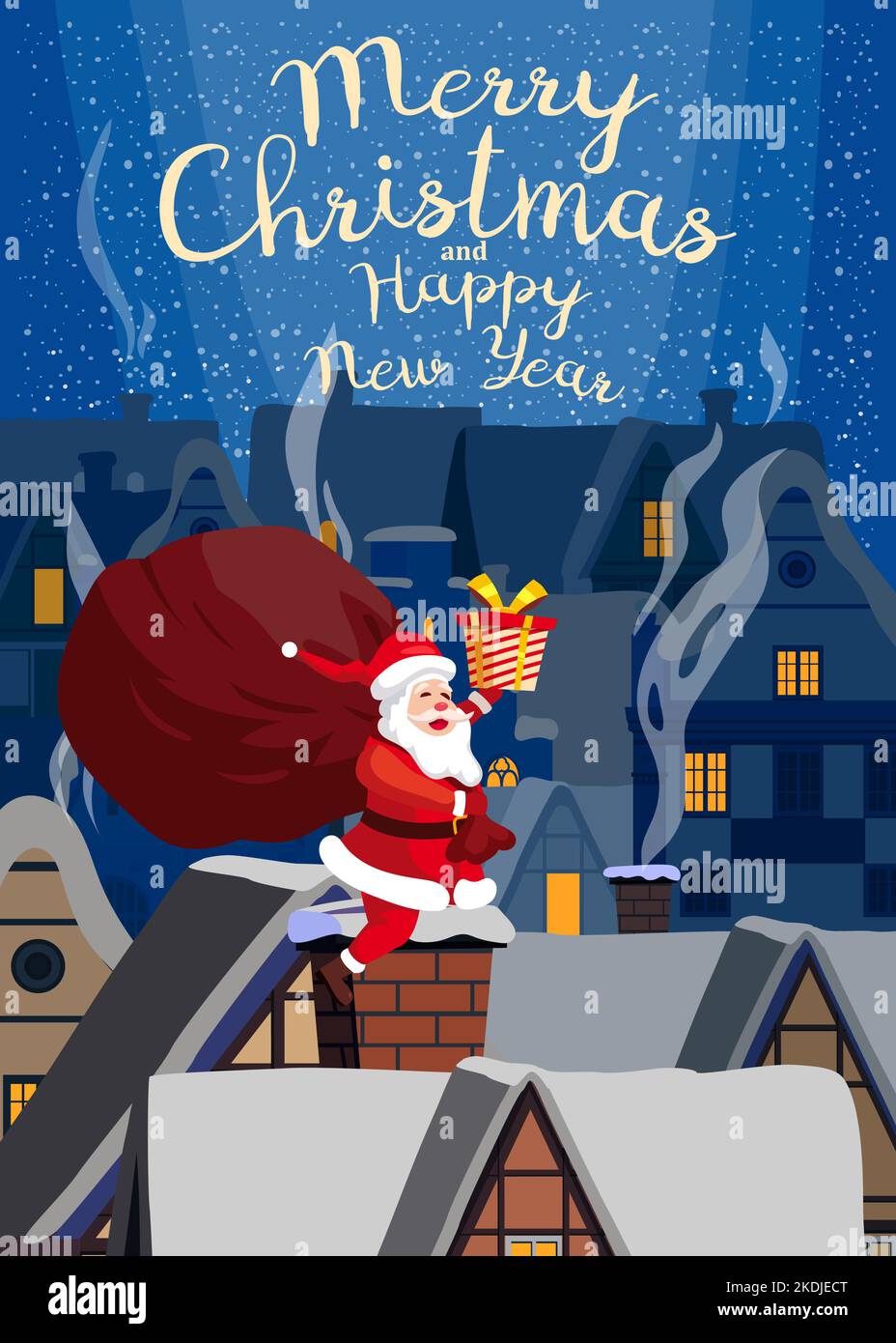 Merry Christmas Santa Claus delivering gifts by chimney poster Stock ...