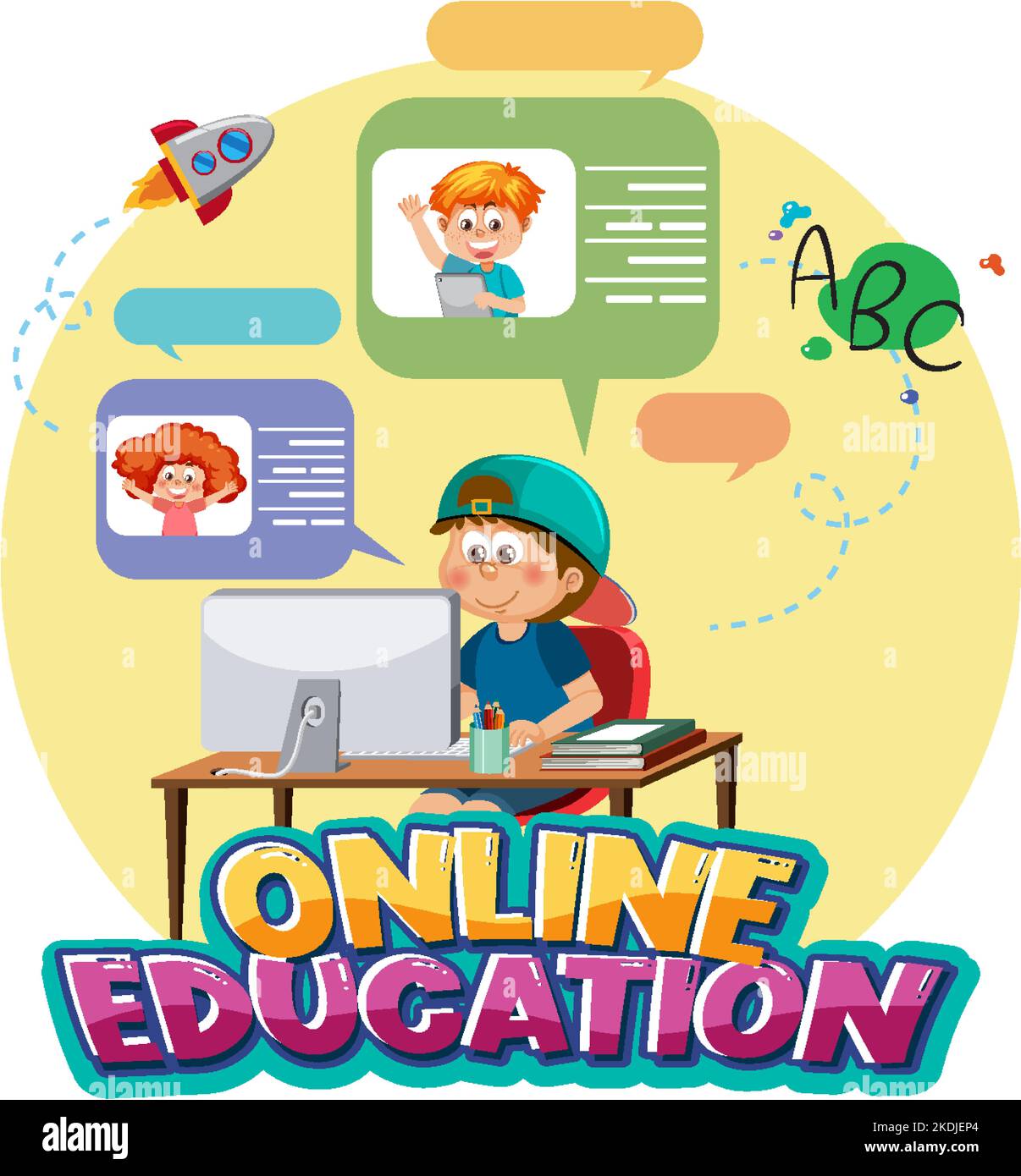 Online education word with cartoon character illustration Stock Vector ...